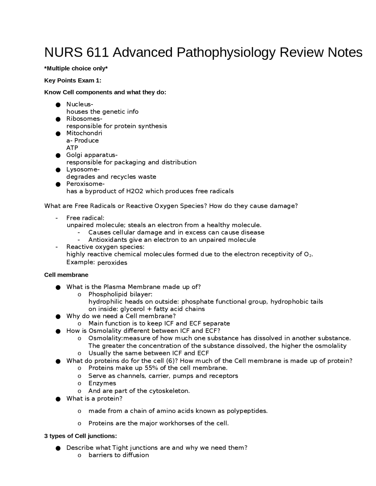 Advanced Pathophysiology: Cell Structure and Function Review Notes ...
