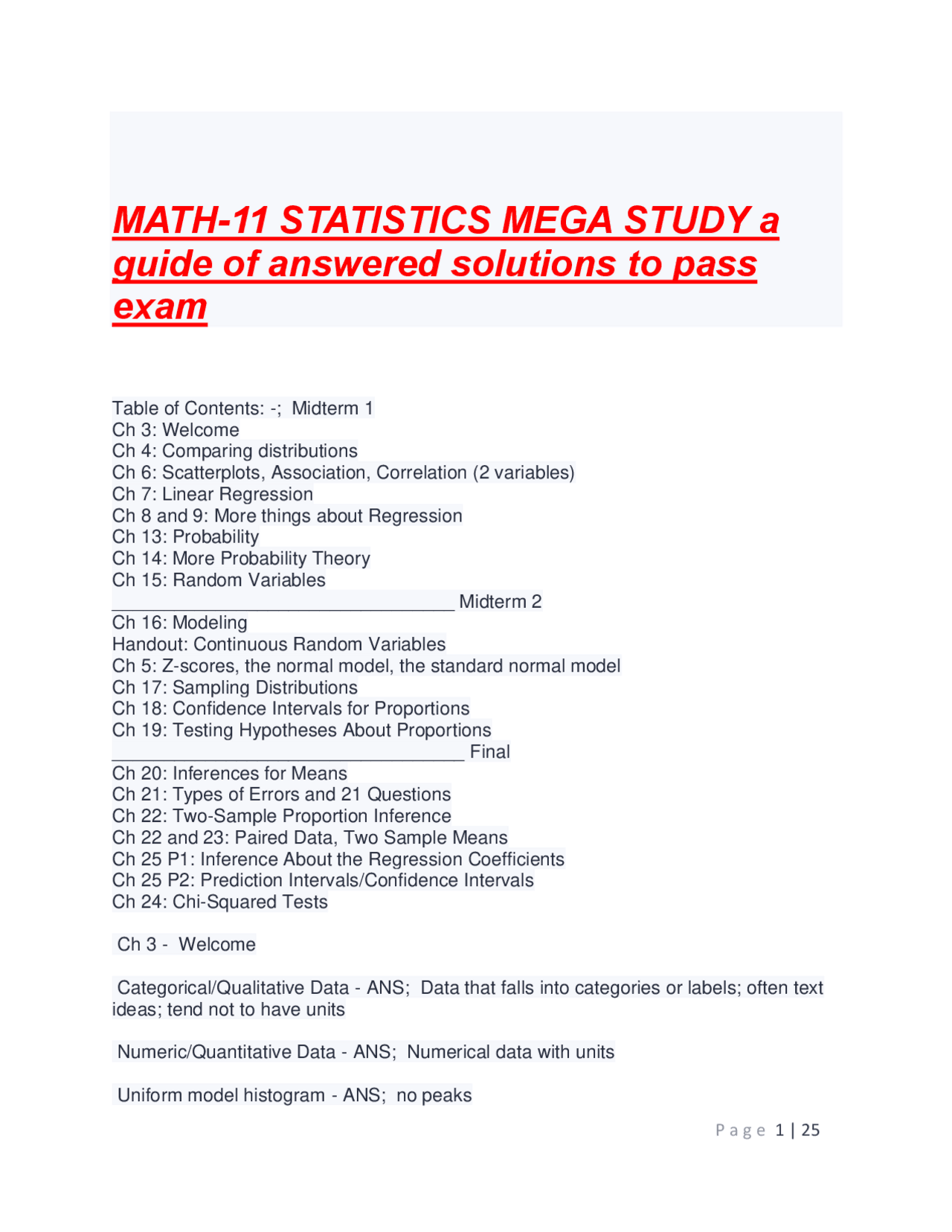 MATH-11 STATISTICS MEGA STUDY a guide of answered solutions to pass ...