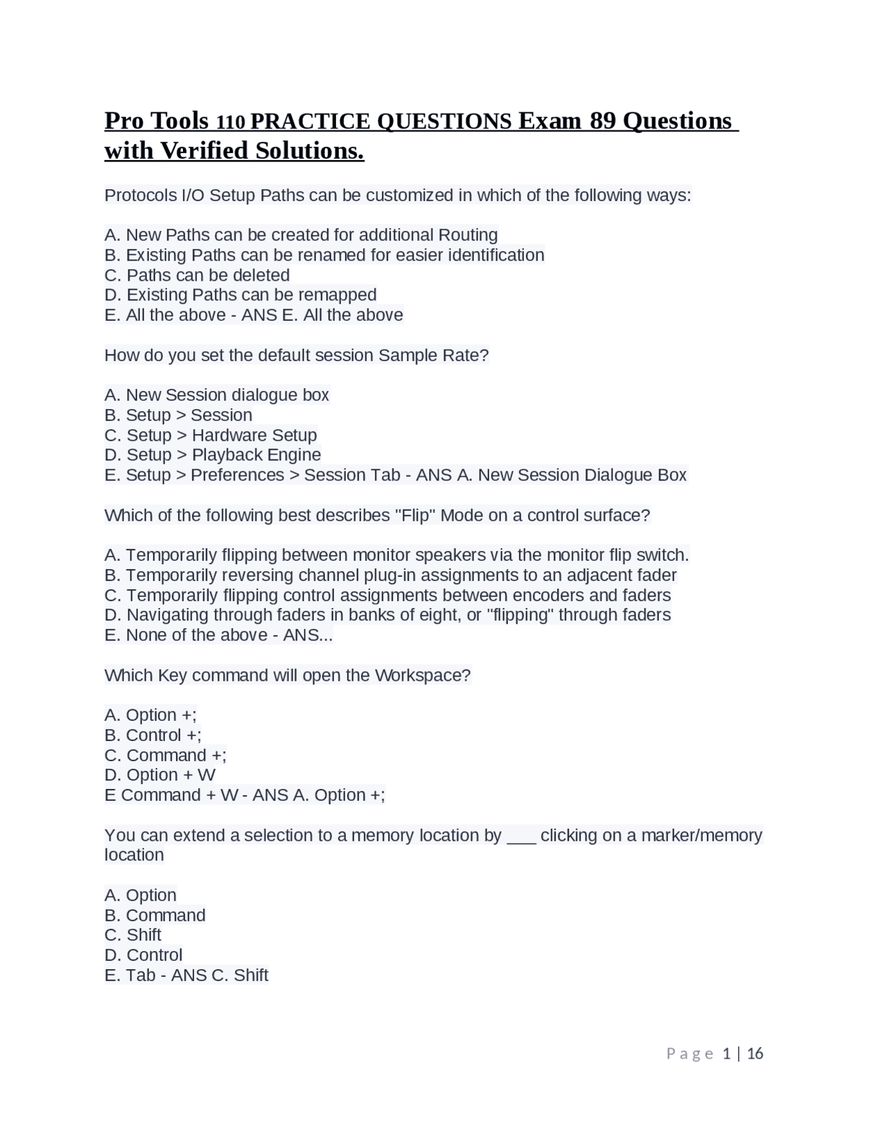 Pro Tools 110 PRACTICE QUESTIONS Exam 89 Questions with Verified ...