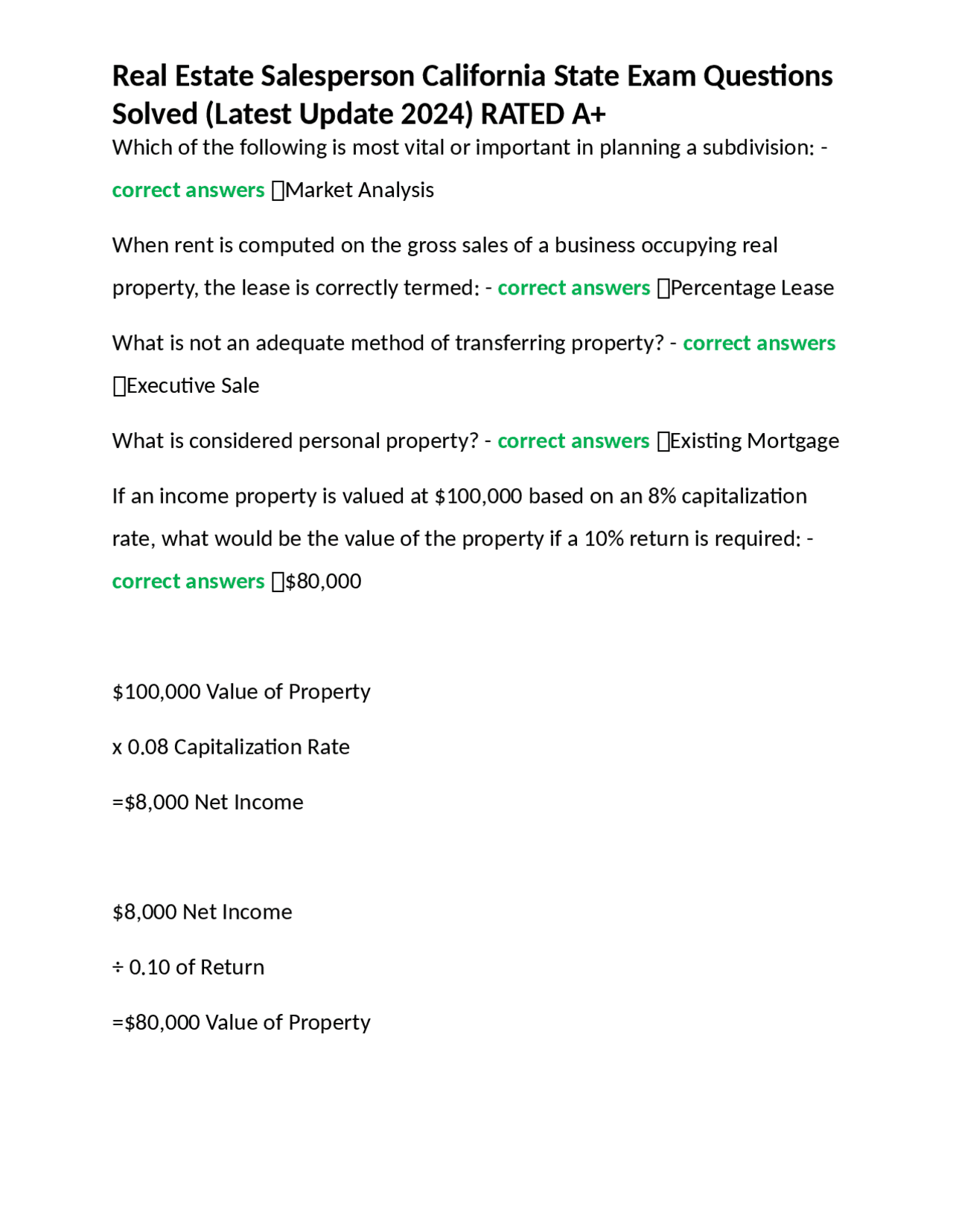 Real Estate Salesperson California State Exam Questions Solved (Latest ...