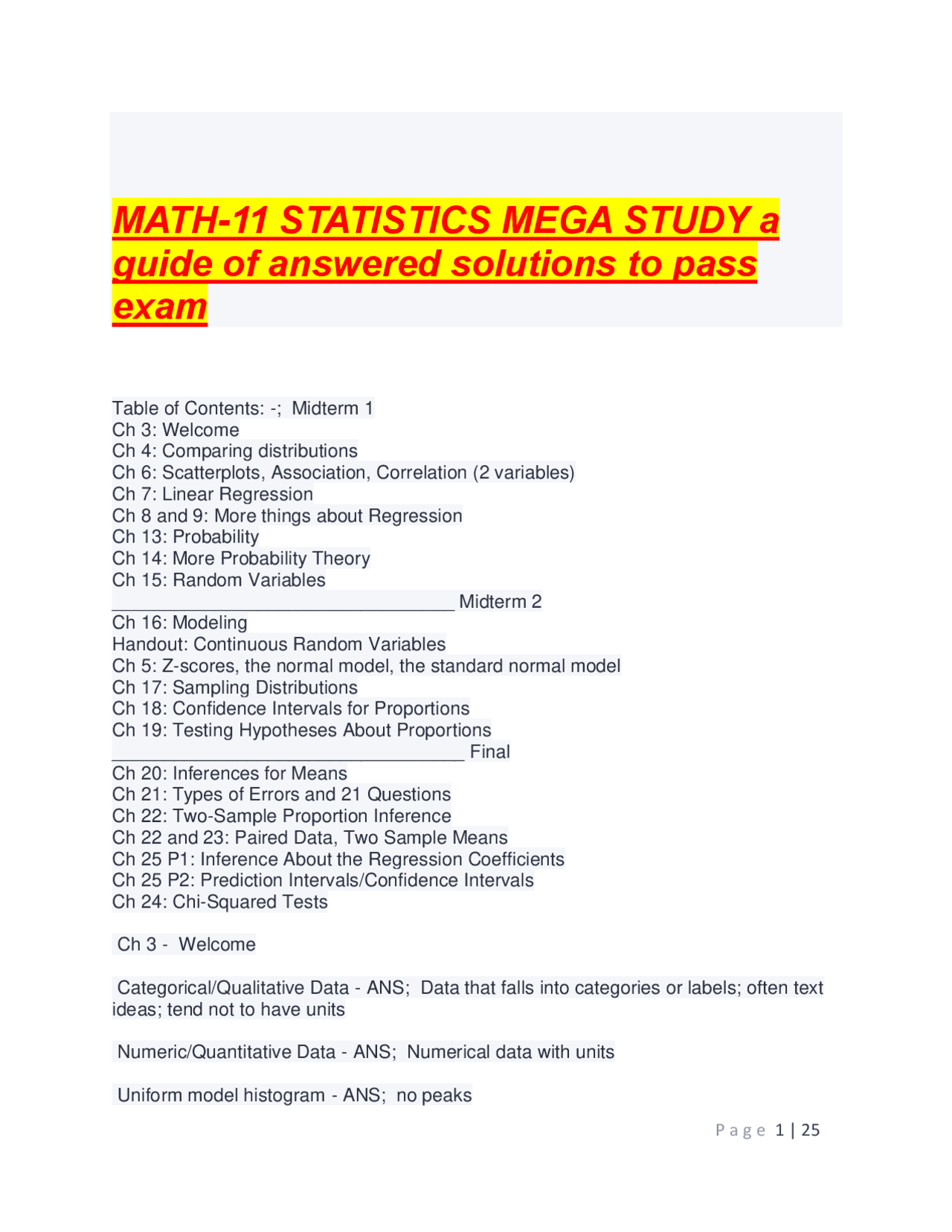 MATH-11 STATISTICS MEGA STUDY a guide of answered solutions to pass ...