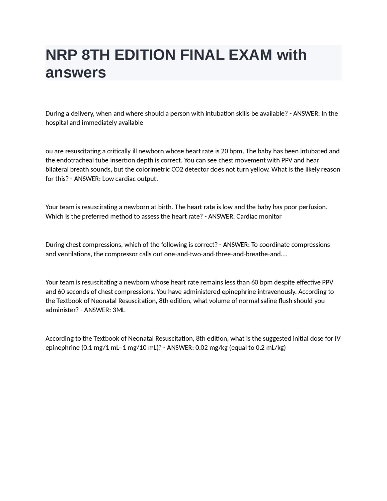 NRP 8th edition final exam 2024 with correct answers | Exams Nursing | Docsity