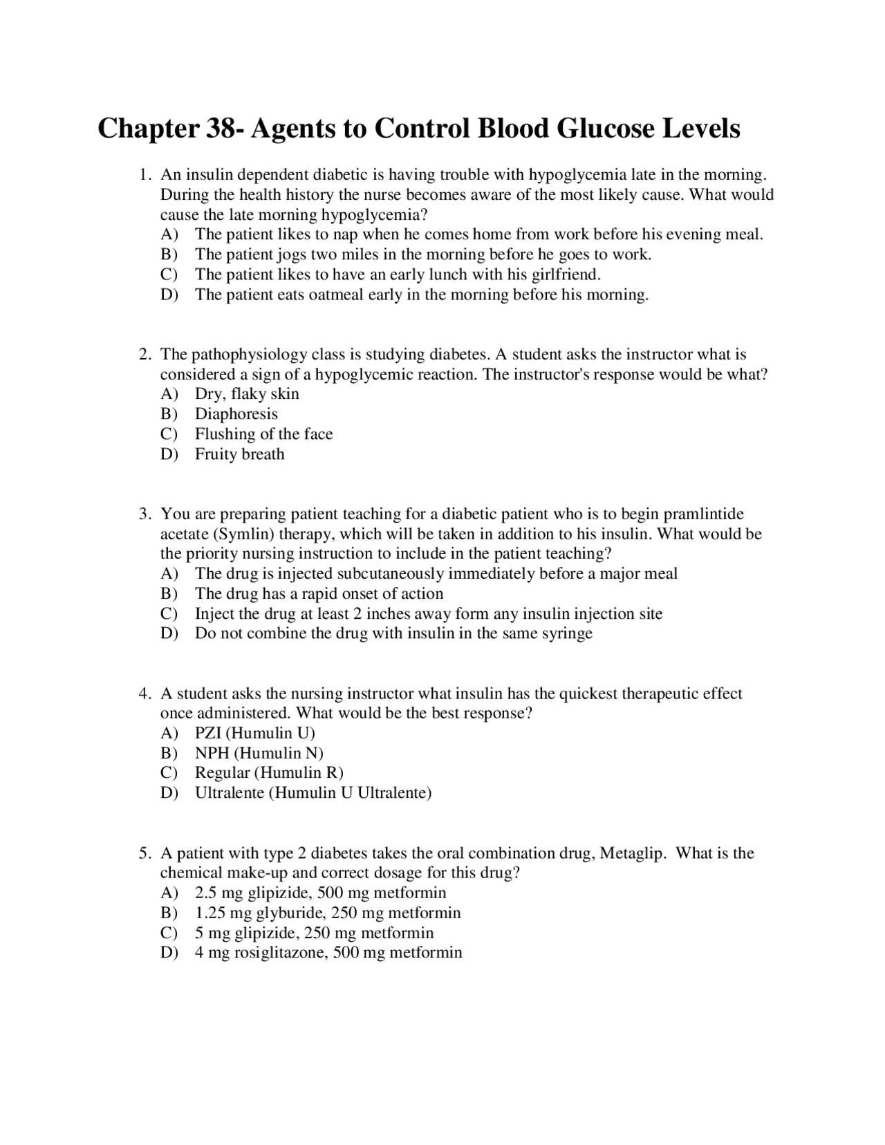 Diabetes: Agents to Control Blood Glucose Levels - Exam Questions and ...