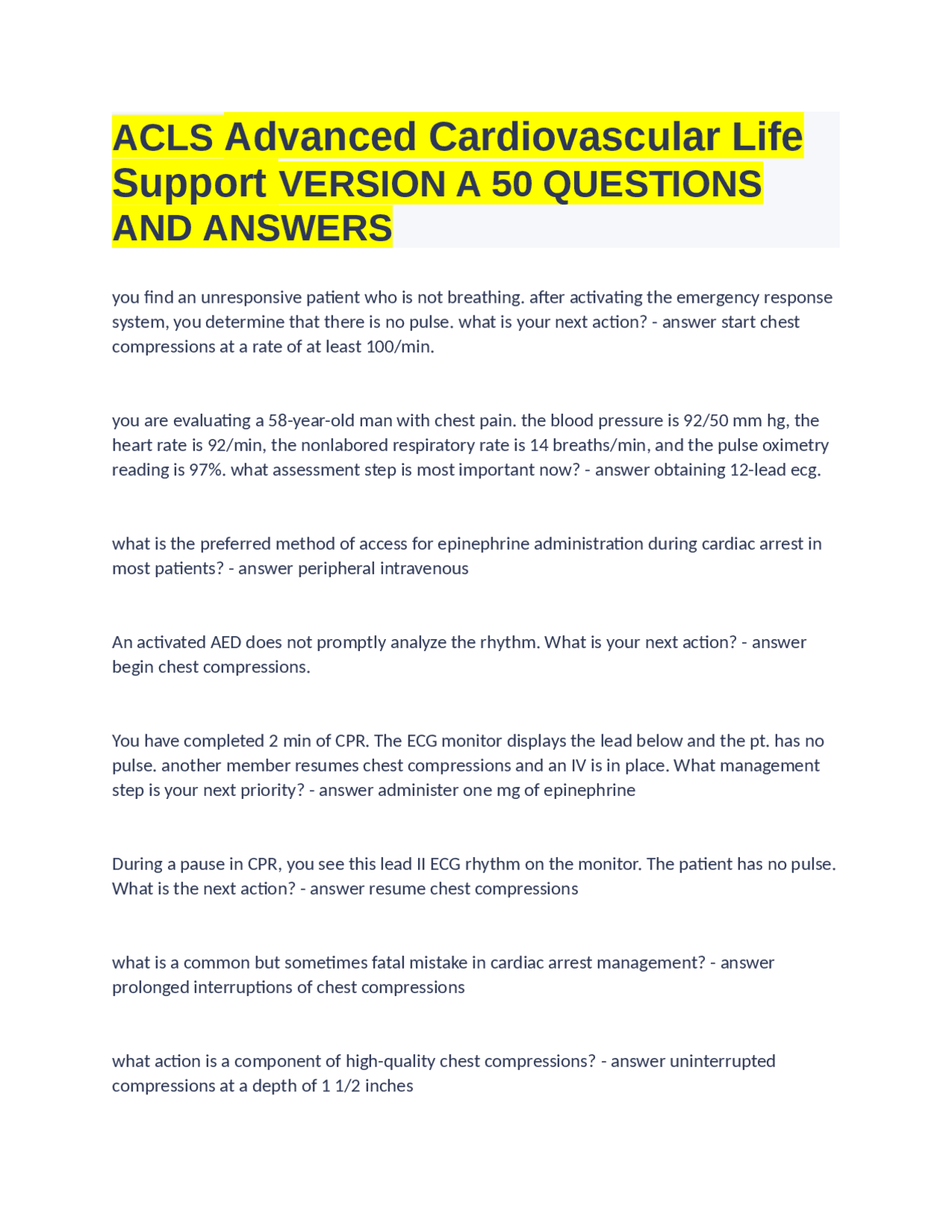 ACLS Advanced Cardiovascular Life Support VERSION A 50 QUESTIONS AND ...