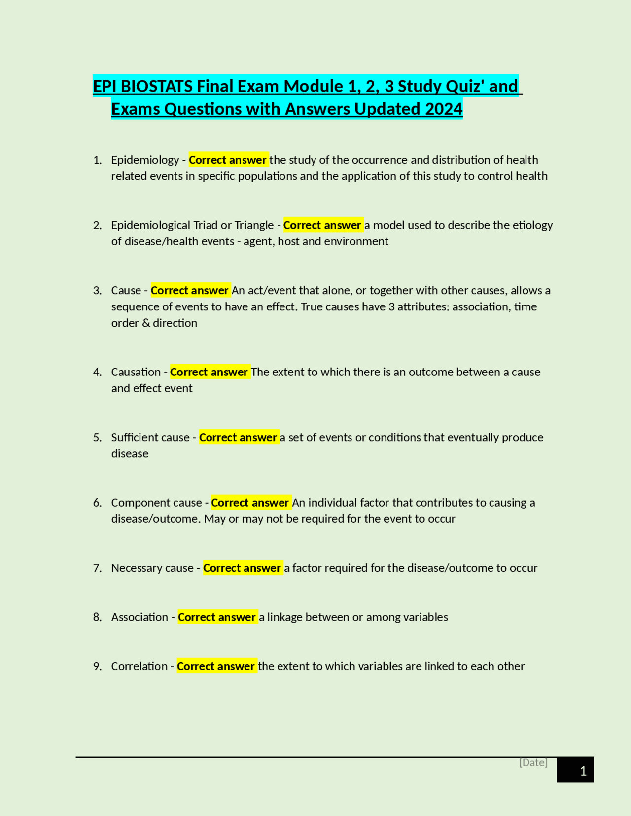 EPI BIOSTATS Final Exam Module 1, 2, 3 Study Quiz' and Exams Questions with Answers Update ...