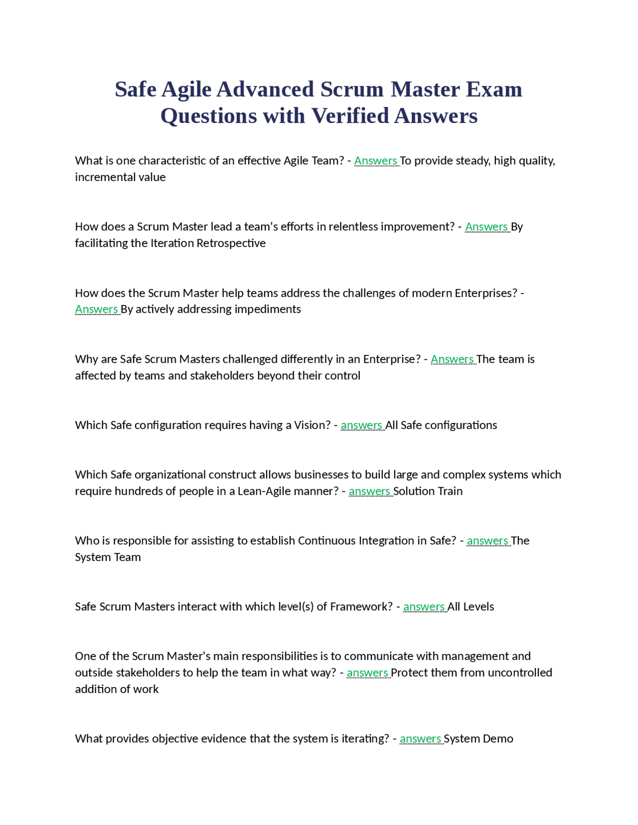 Safe Agile Advanced Scrum Master Exam Questions With Verified Answers Exams Nursing Docsity