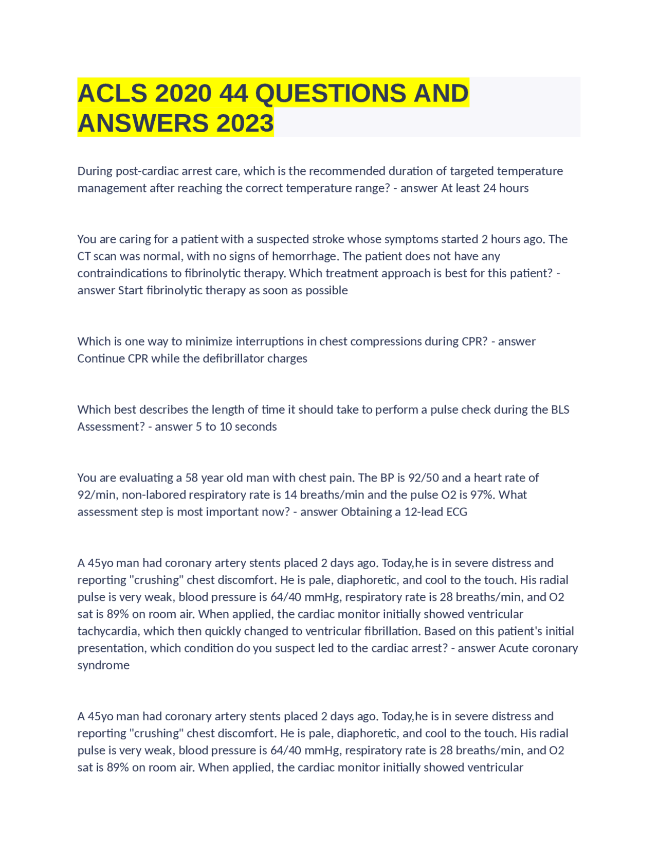 ACLS 44 EXAM QUESTIONS AND ANSWERS 2023 | Exams Cardiology | Docsity