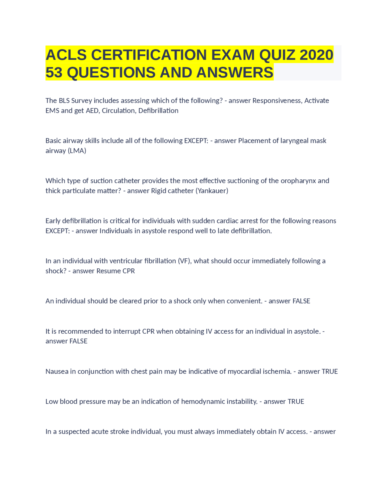 ACLS CERTIFICATION EXAM QUIZ TEST BANK 2020 53 QUESTIONS AND ANSWERS ...