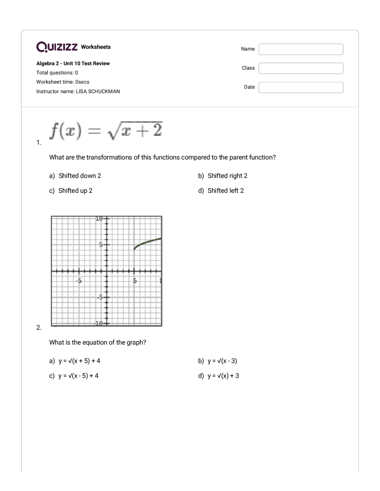 Algebra 2 Unit 10 Test Review Worksheet | Study notes Mathematics | Docsity