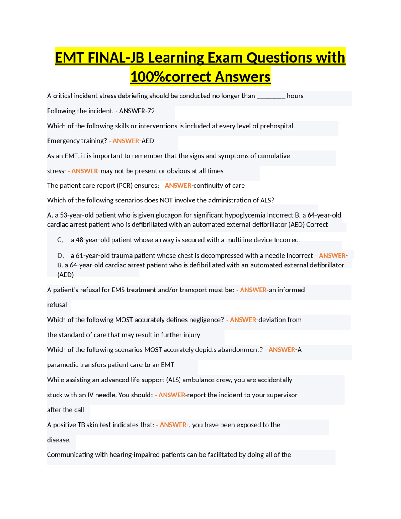 EMT FINAL-JB Learning Exam Questions with 100%correct Answers | Exams Nursing | Docsity