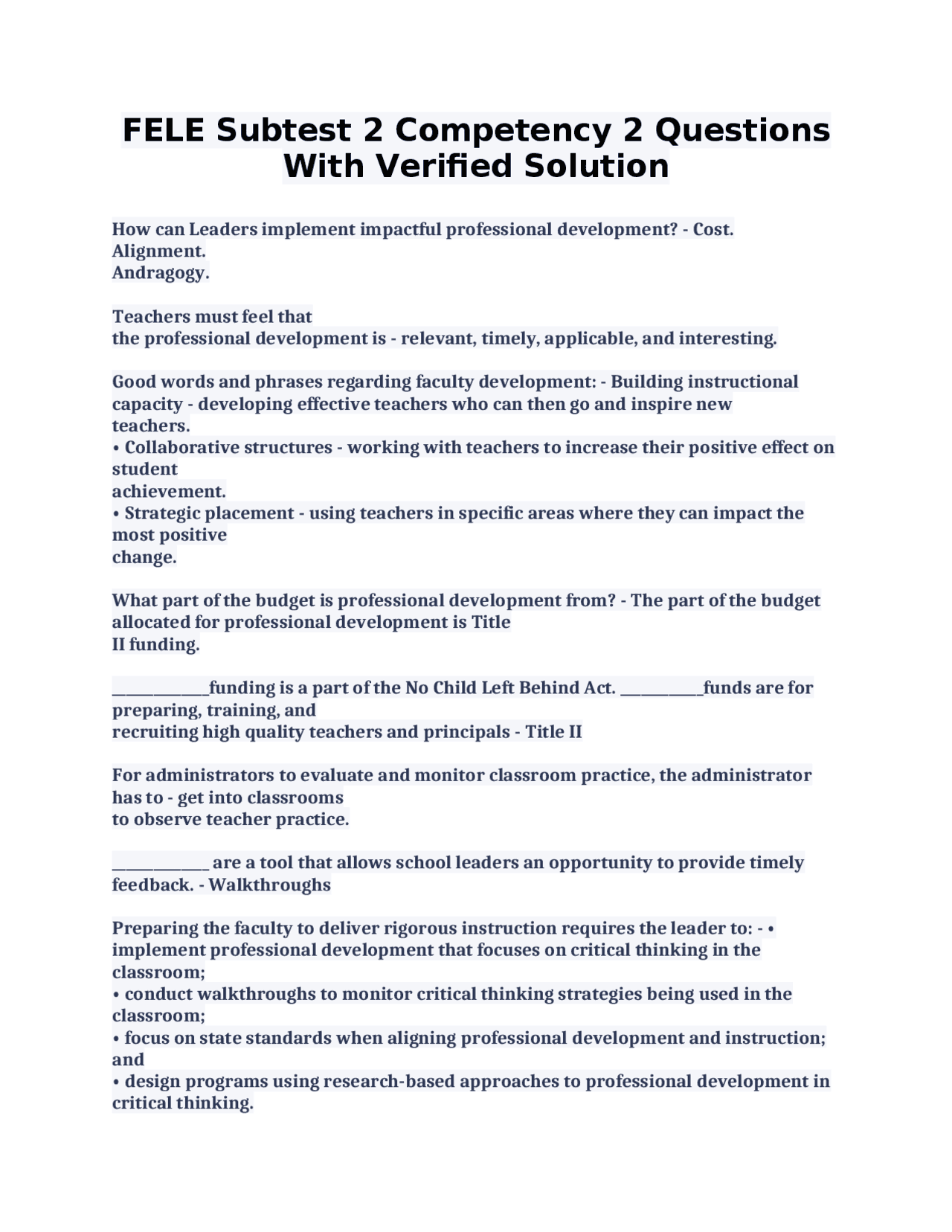 FELE Subtest 2 Competency 2 Questions With Verified Solution | Exams ...