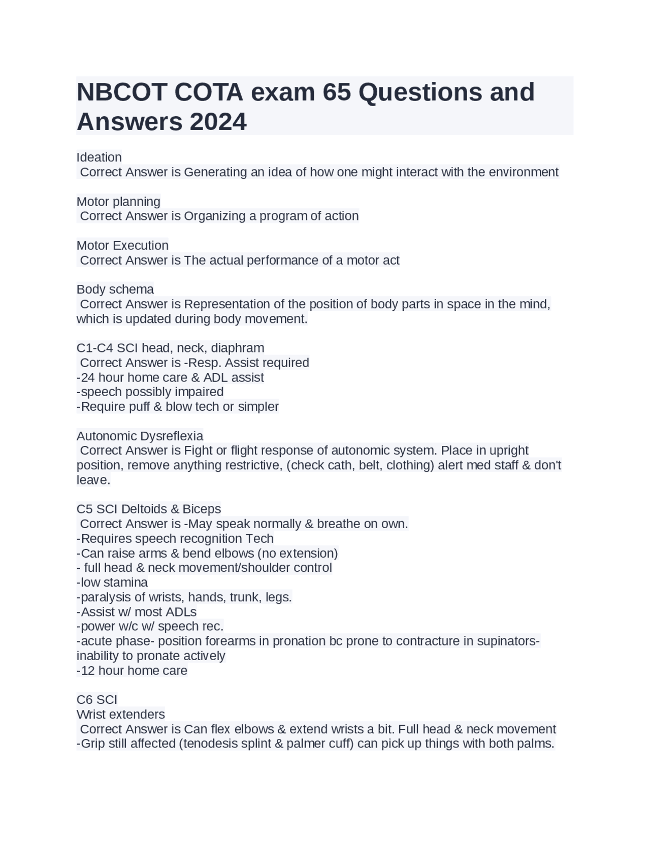 NBCOT COTA exam 65 Questions and Answers 2024 | Exams Nursing | Docsity