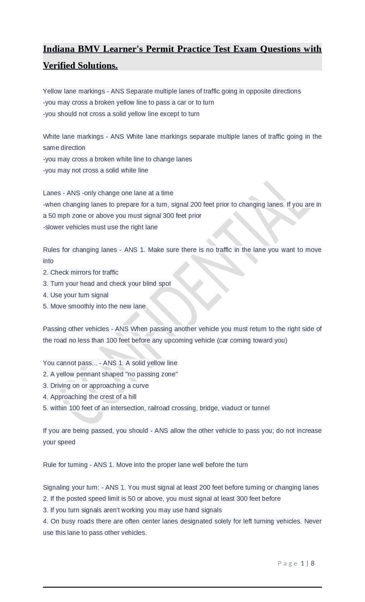 Indiana BMV Learner's Permit Practice Test Exam Questions with Verified ...