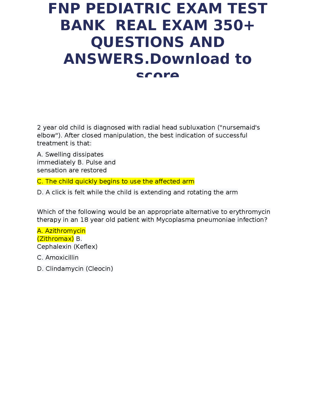 FNP PEDIATRIC EXAM TEST BANK REAL EXAM 350+ QUESTIONS AND ANSWERS ...