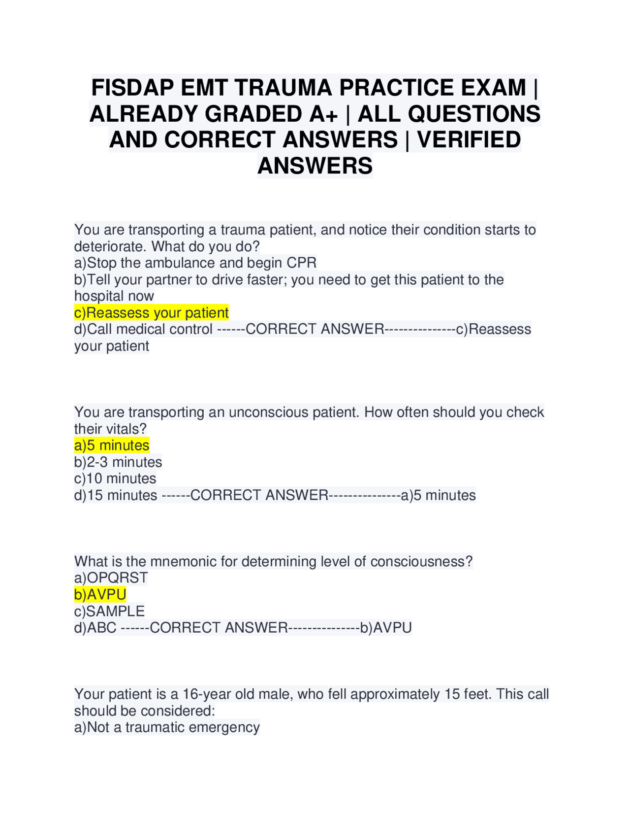 FISDAP EMT TRAUMA PRACTICE EXAM | ALREADY GRADED A+ | ALL QUESTIONS AND CORRECT ANSWERS | Exams ...