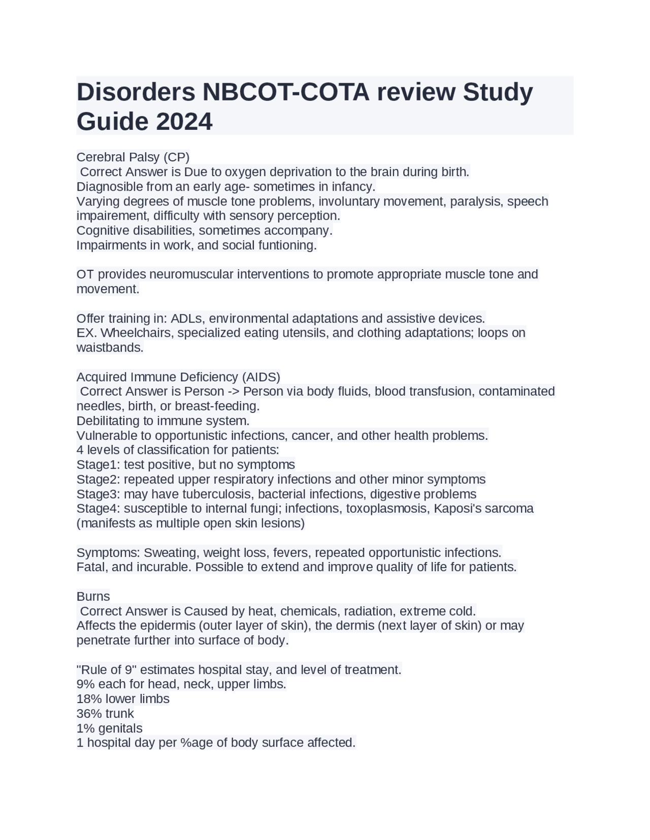 Disorders NBCOT-COTA review Study Guide 2024 | Exams Nursing | Docsity