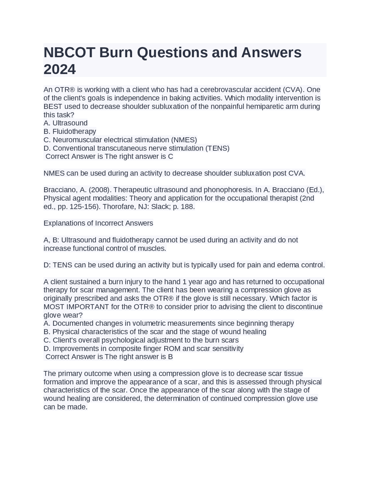 NBCOT Burn Questions and Answers 2024 | Exams Nursing | Docsity