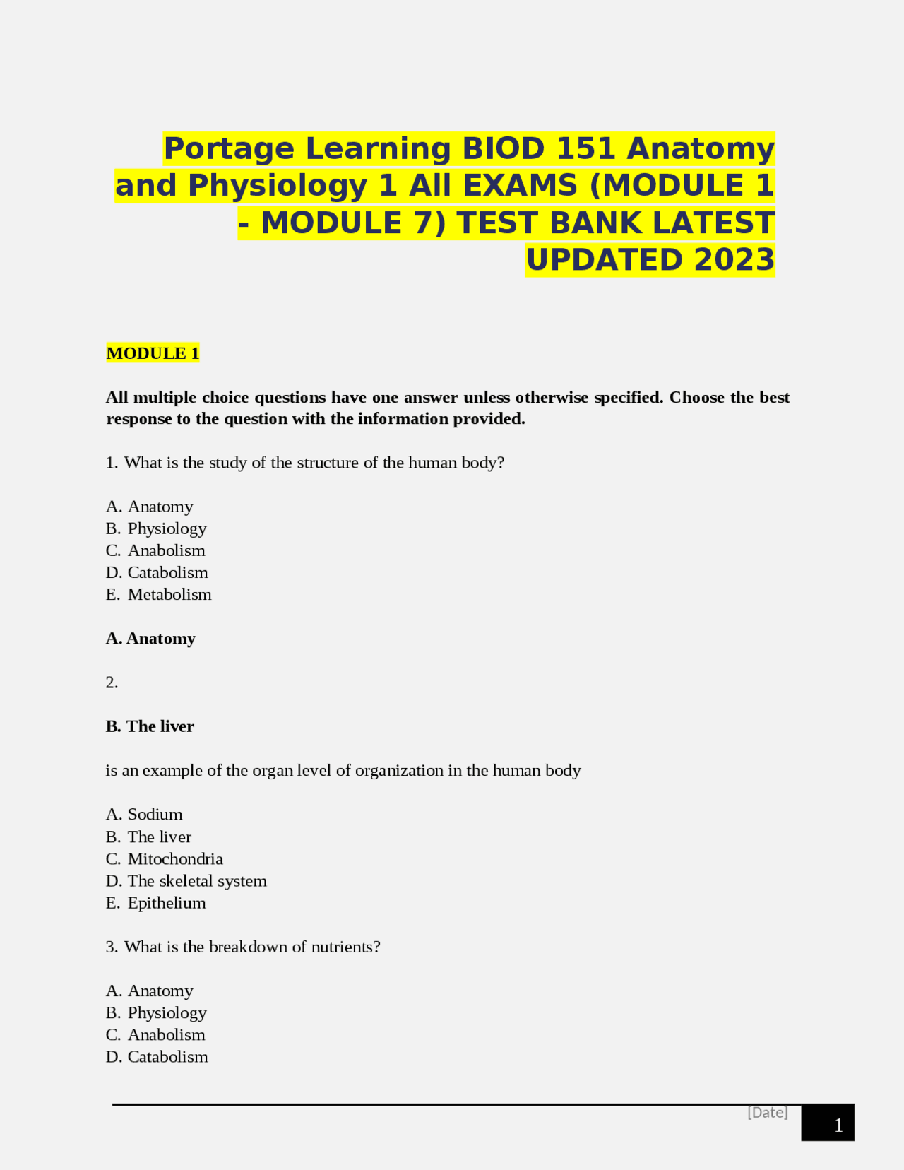 Portage Learning BIOD 151 Anatomy and Physiology 1 All EXAMS (MODULE 1 ...