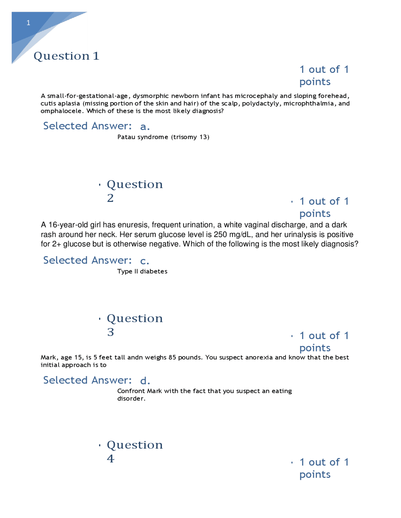 Pediatric Health Case Study Questions and Selected Answers | Exercises Nursing | Docsity