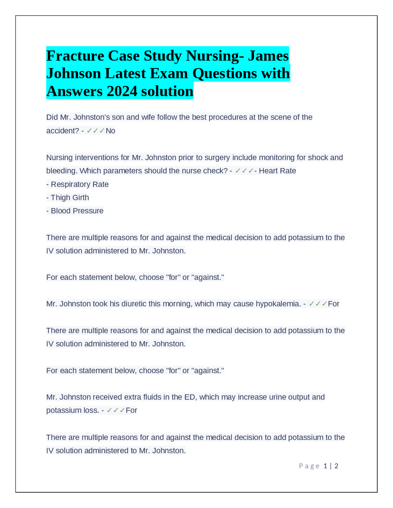 Fracture Case Study Nursing- James Johnson Latest Exam Questions with ...