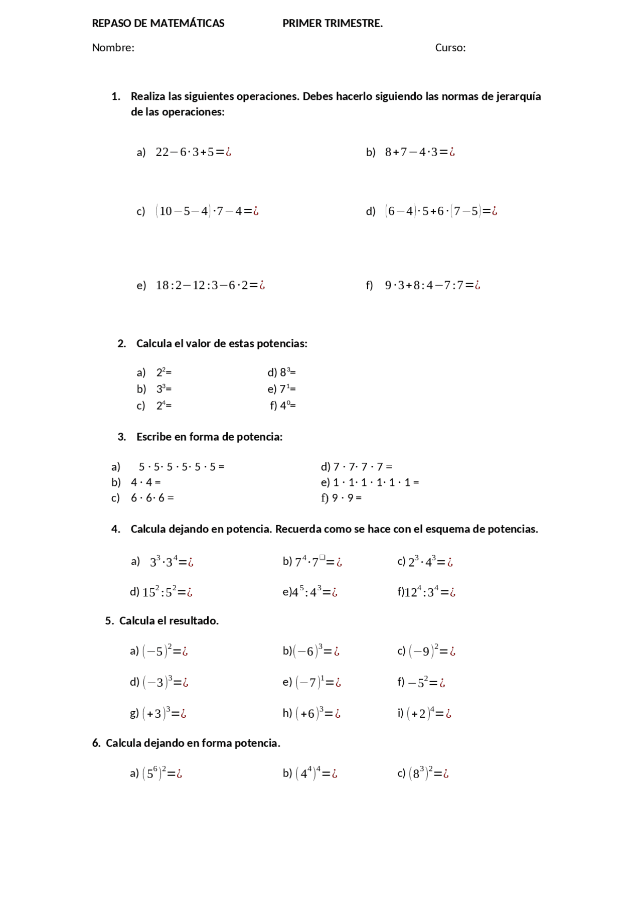 FICHA REPASO MATES 2024 | Ejercicios de Matemáticas | Docsity