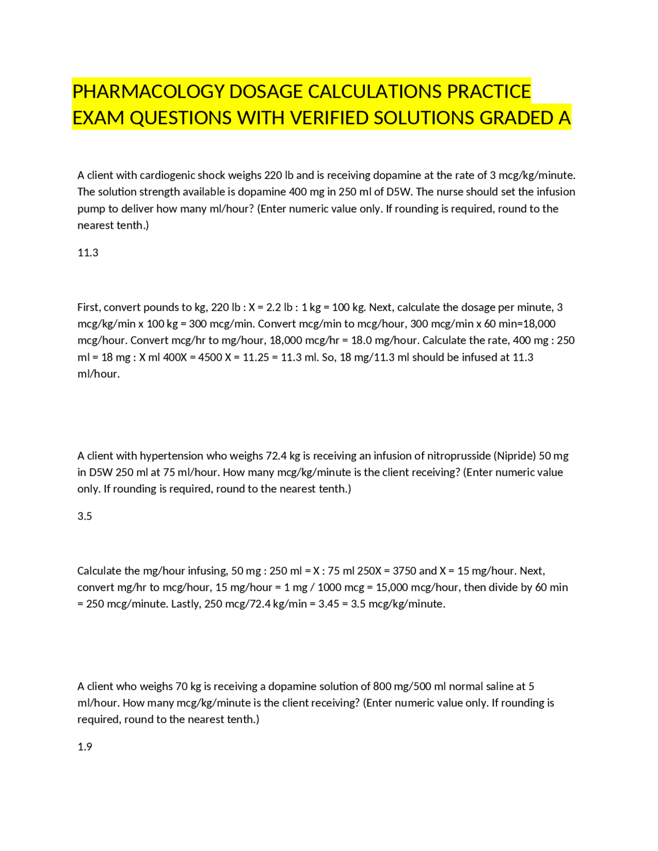 PHARMACOLOGY DOSAGE CALCULATIONS PRACTICE EXAM QUESTIONS WITH VERIFIED ...