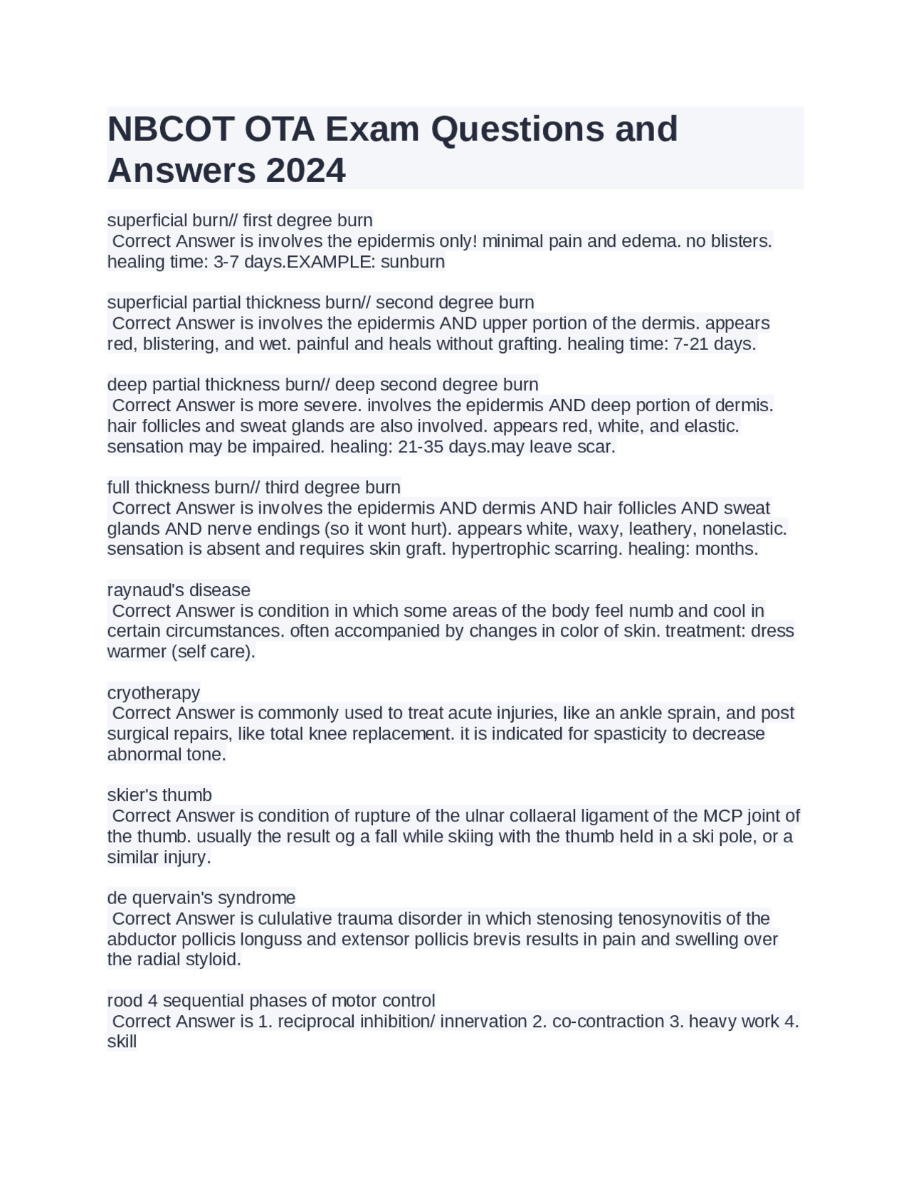 NBCOT OTA Exam Questions and Answers 2024 | Exams Nursing | Docsity
