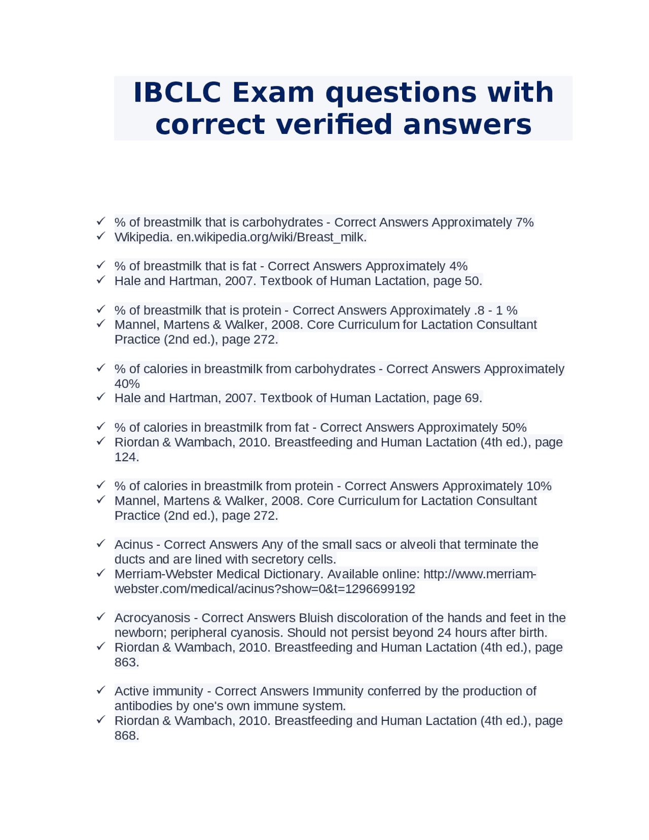 IBCLC Exam questions with correct verified answers | Exams Nursing ...