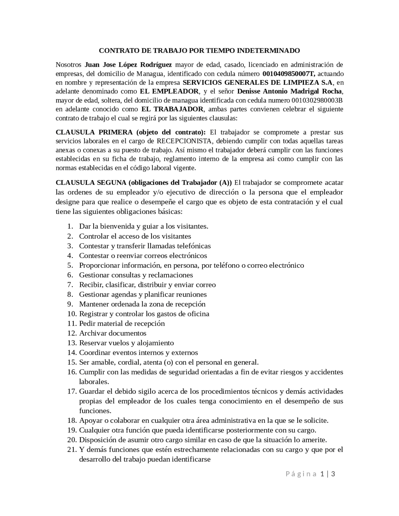 Contrato de trabajo por tiempo indeterminado | Ejercicios de Derecho | Docsity