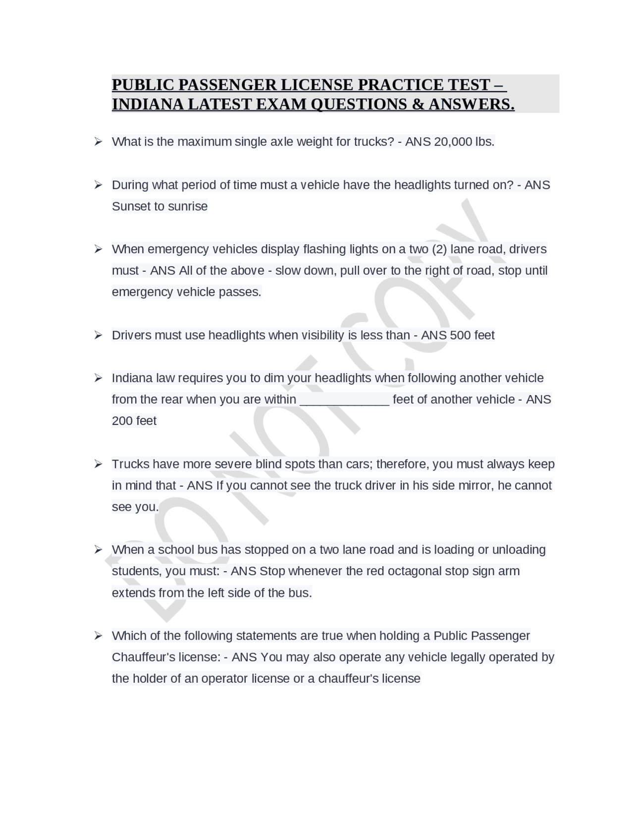 Indiana Public Passenger License Practice Test Questions and Answers ...