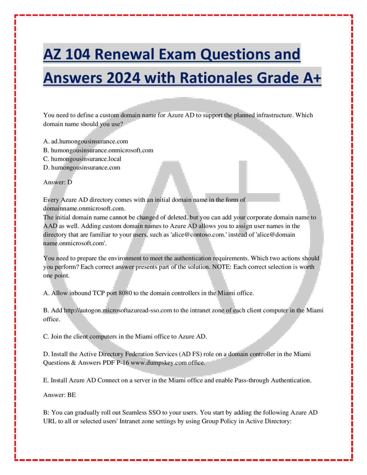 AZ 104 Renewal Exam Questions and Answers 2024 with Rationales Grade A+ ...