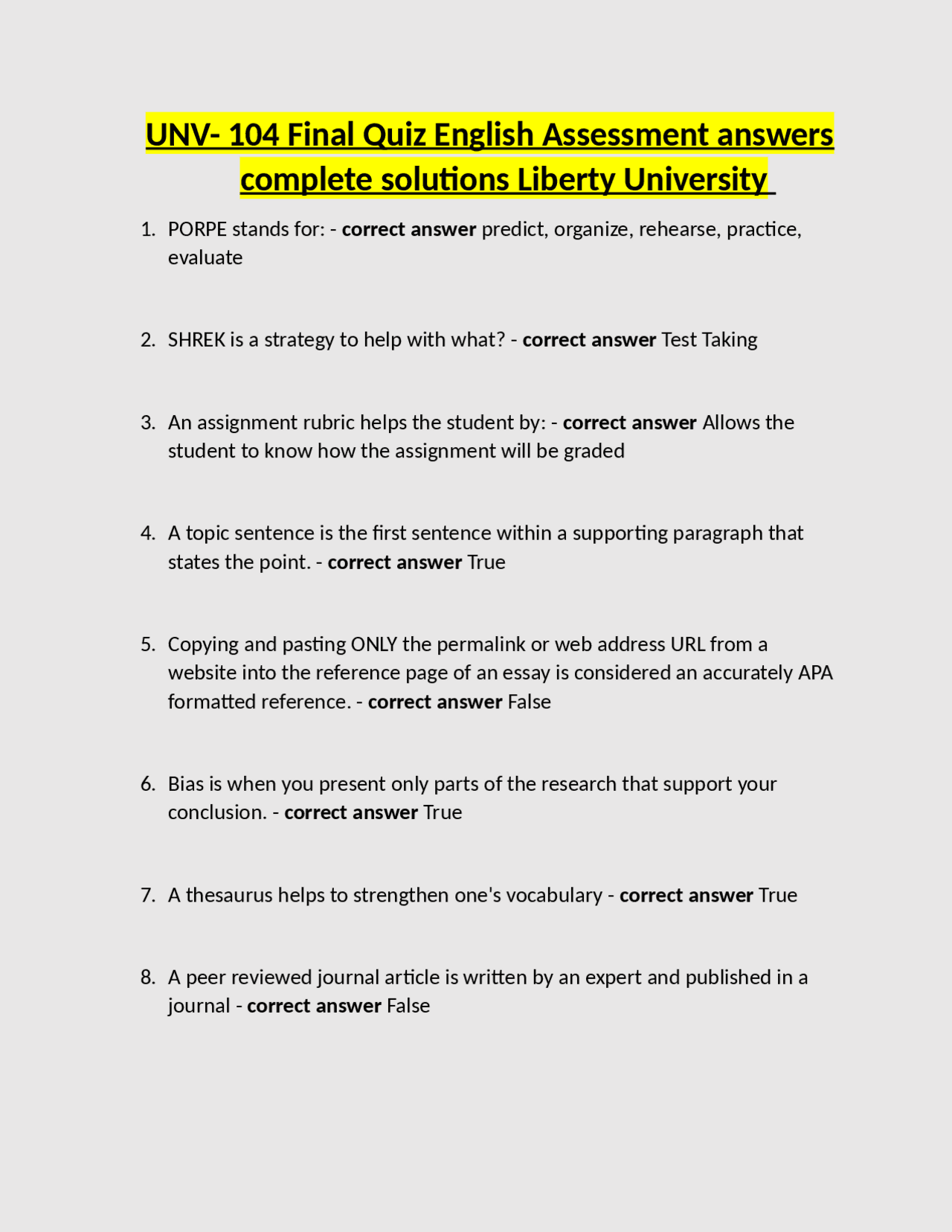 UNV- 104 Final Quiz English Assessment answers complete solutions Liberty University | Exams ...