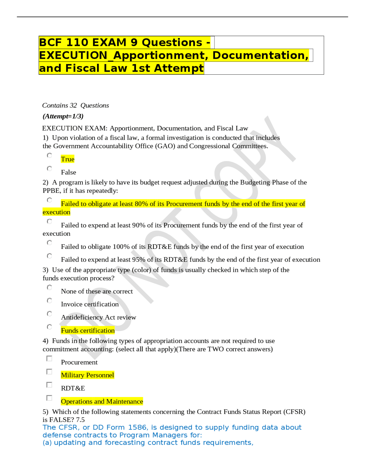 Execution Exam: Apportionment, Documentation, and Fiscal Law - BCF 110 ...