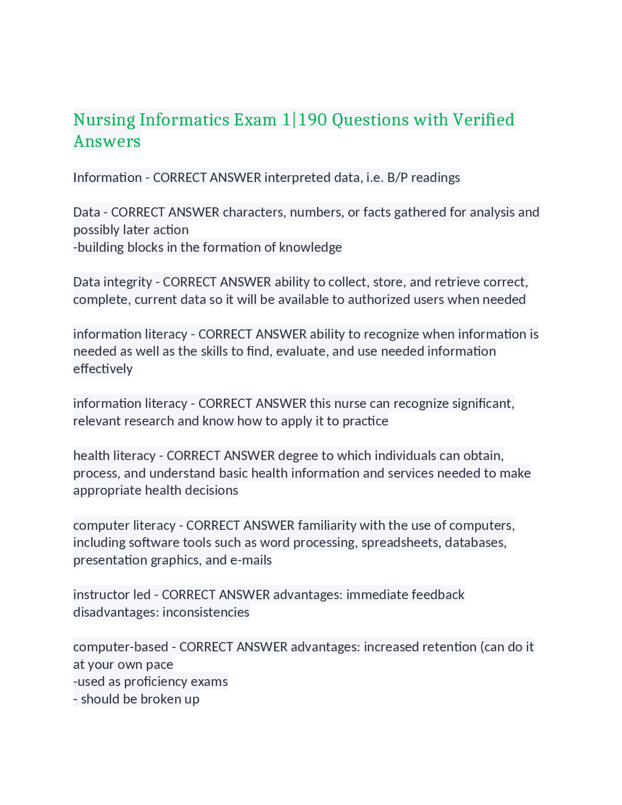 Nursing Informatics Exam 1|190 Questions with Verified Answers,100% ...