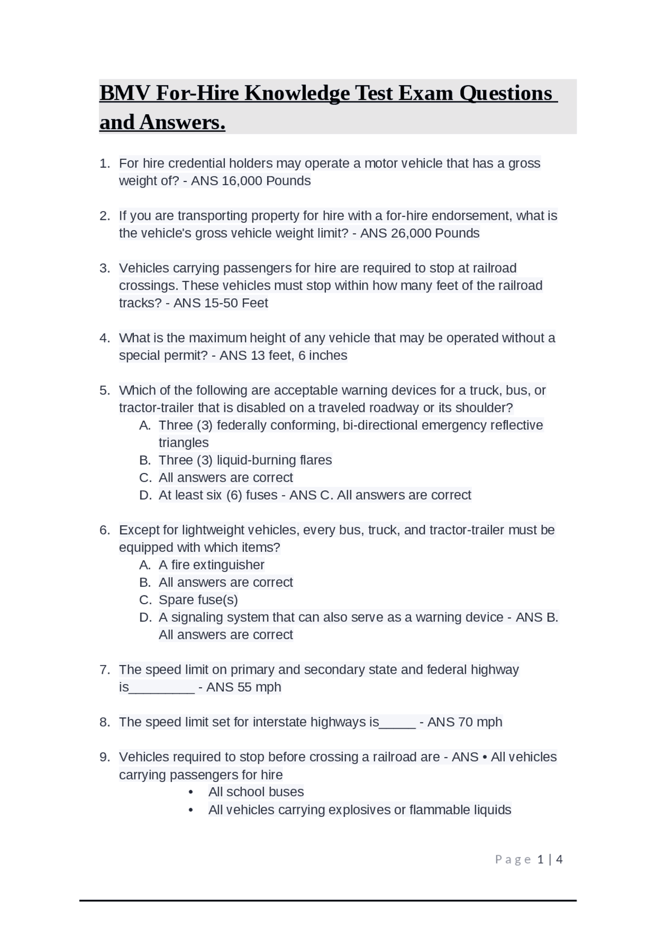 BMV For-Hire Knowledge Test Exam Questions and Answers | Exams ...
