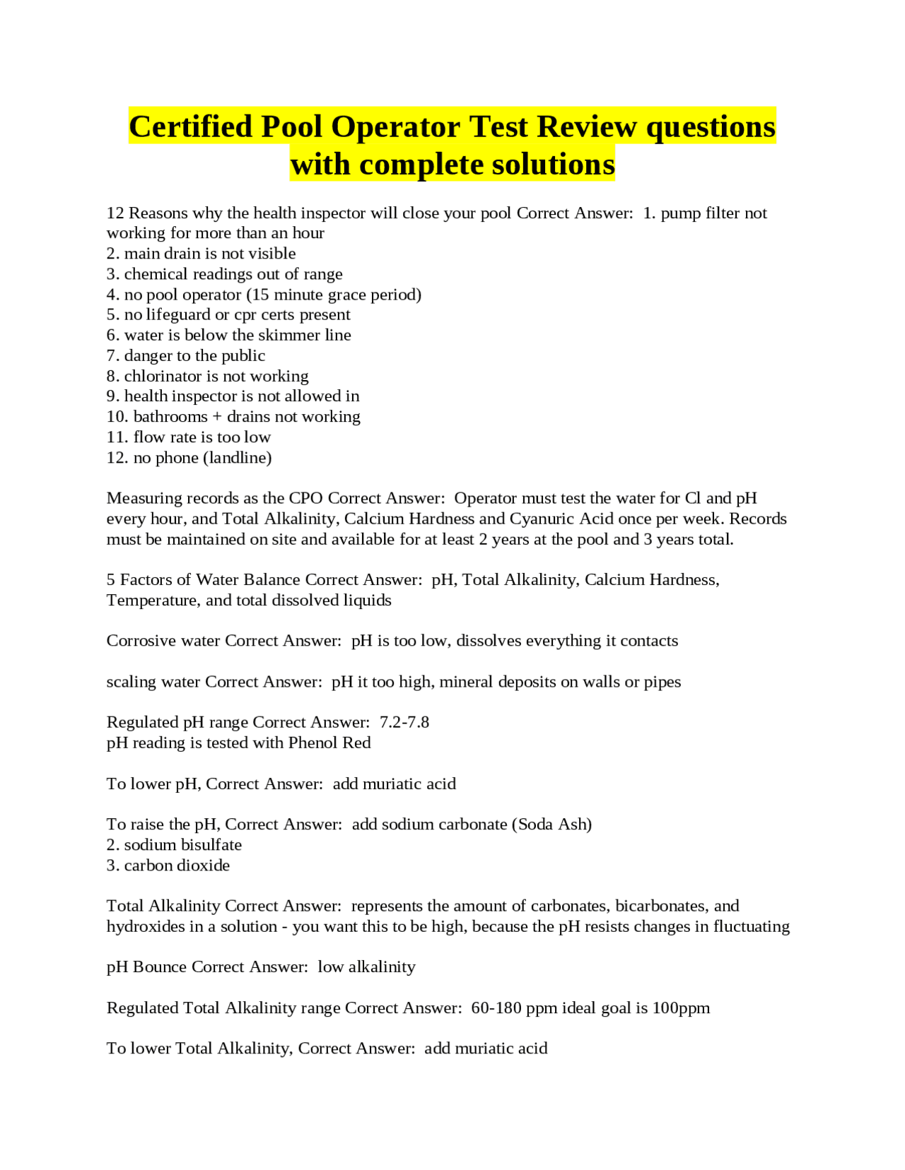 Certified Pool Operator Test Review questions with complete solutions ...