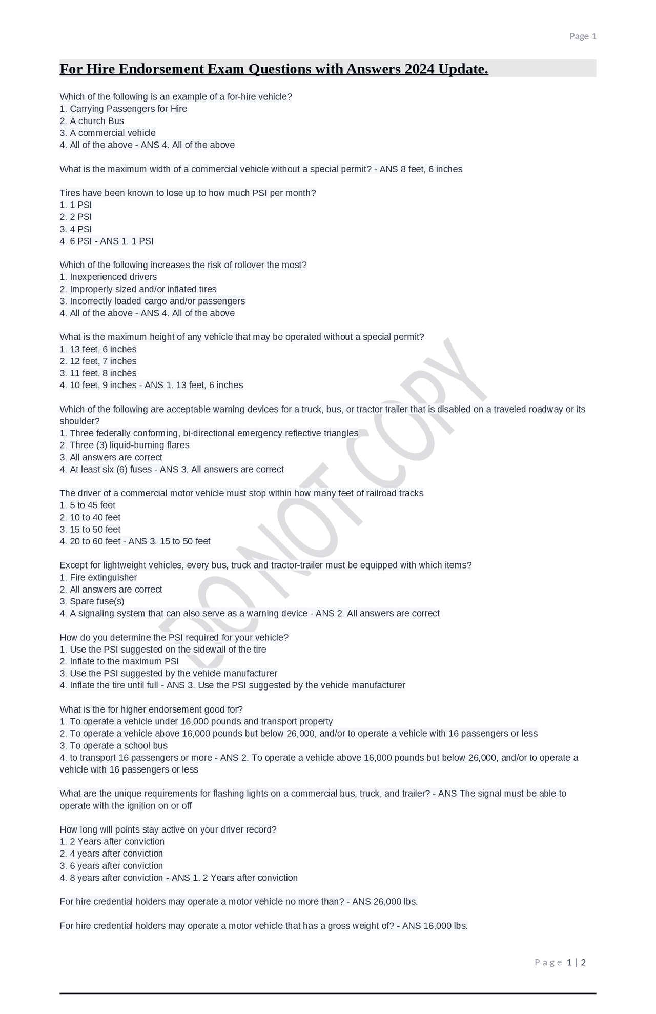 For Hire Endorsement Exam Questions and Answers 2024 | Exams Formal ...