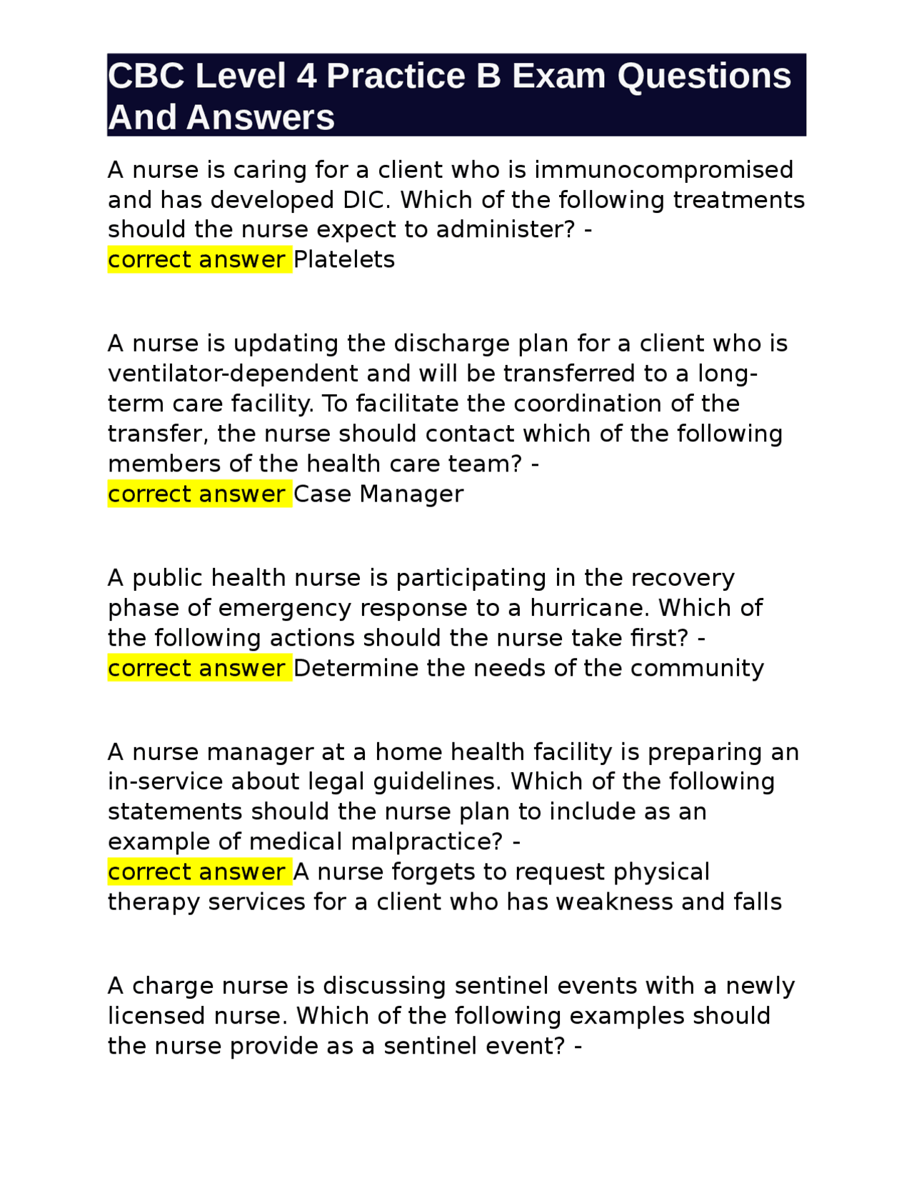 CBC Level 4 Practice Exam Questions and Answers for Nursing Students ...