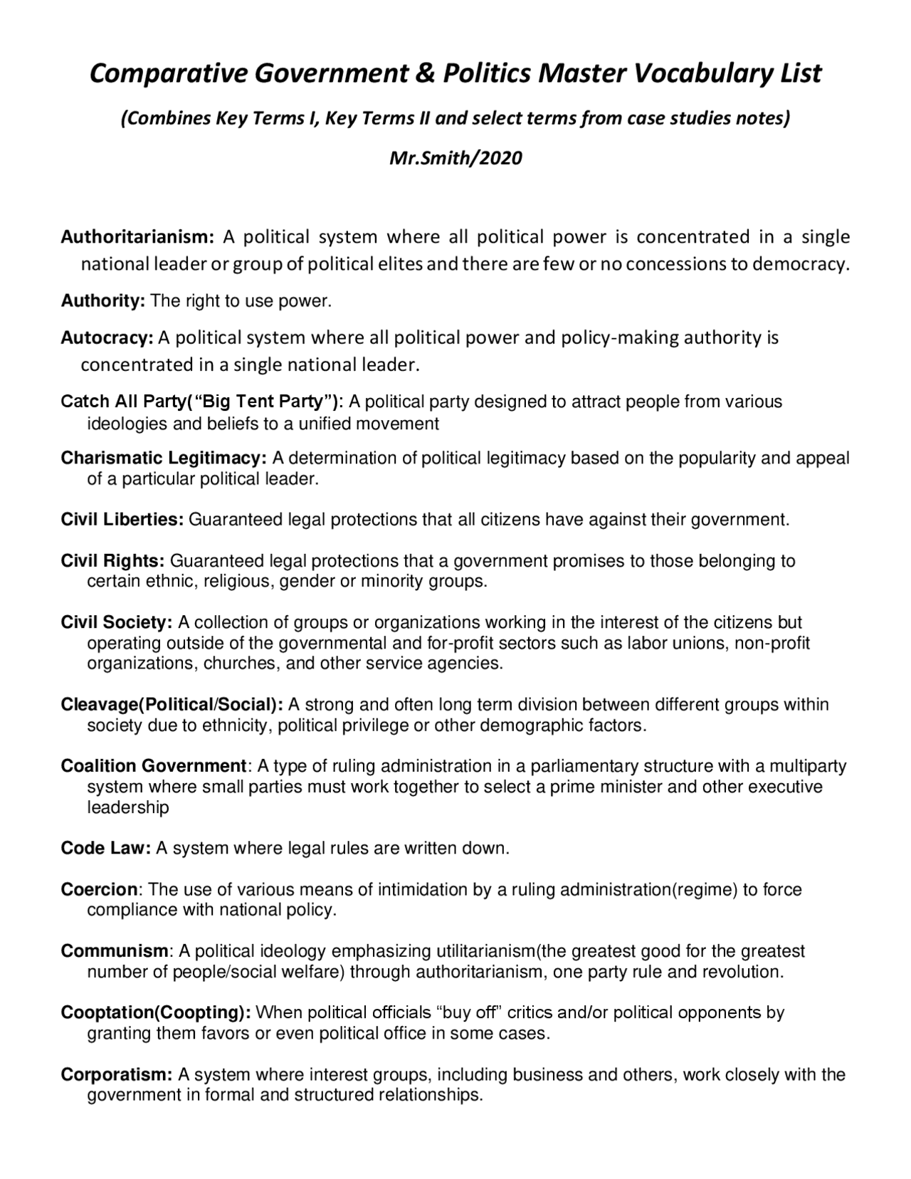 Comparative Government & Politics Master Vocabulary List | Study notes ...