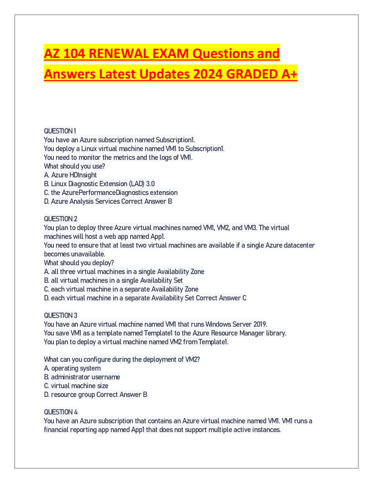 AZ 104 RENEWAL EXAM Questions and Answers Latest Updates 2024 GRADED A+ ...