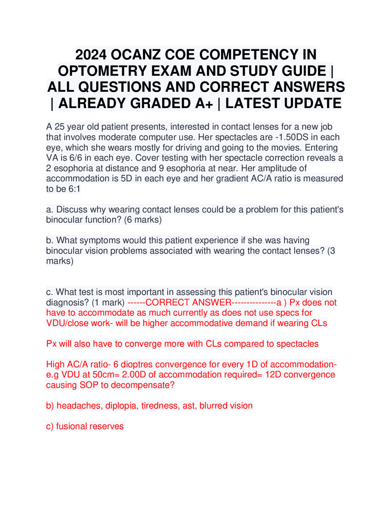 2024 OCANZ COE COMPETENCY IN OPTOMETRY EXAM AND STUDY GUIDE | ALL ...