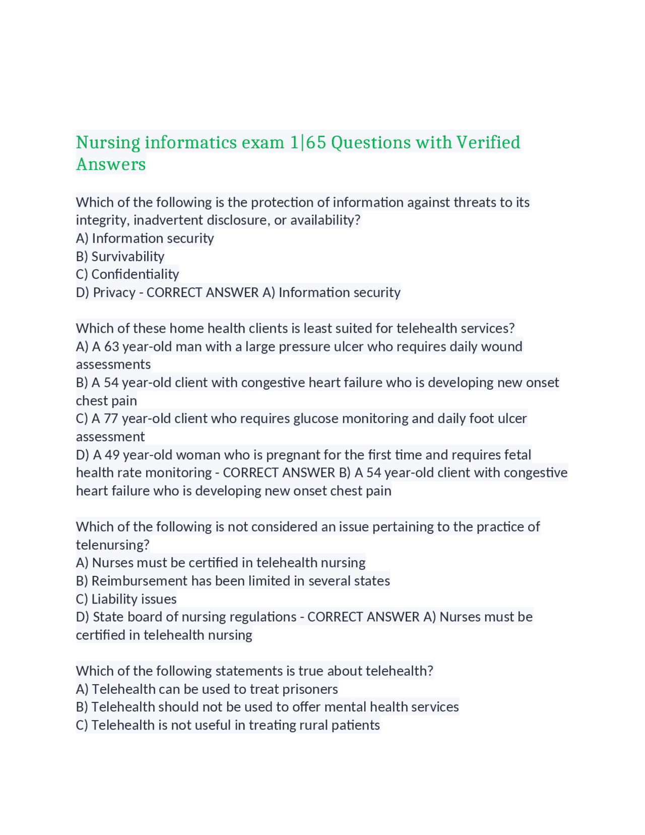 Nursing Informatics Exam Questions and Answers | Study notes Nursing ...