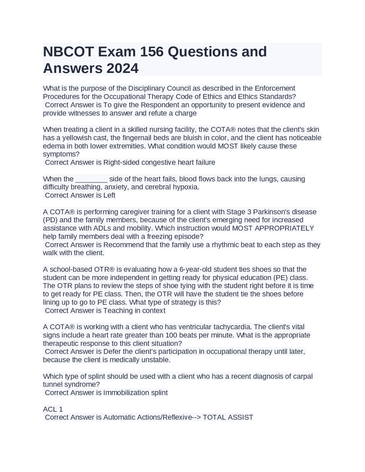 Nbcot Exam Otr Practice Test Questions Answers Page 1