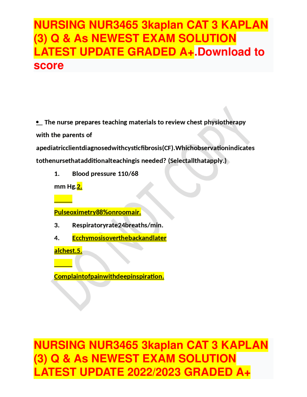 NURSING NUR3465 3kaplan CAT 3 KAPLAN (3) Q & As NEWEST EXAM SOLUTION ...