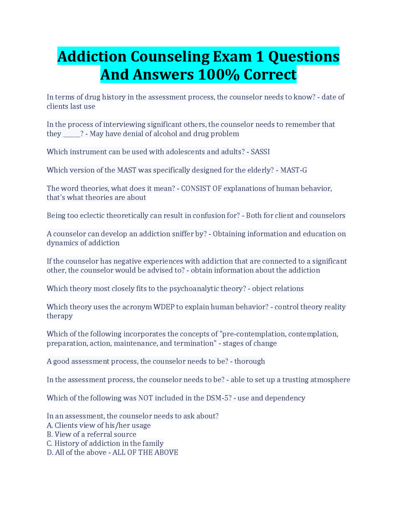 Addiction Counseling Exam Questions and Answers | Exams Health sciences ...