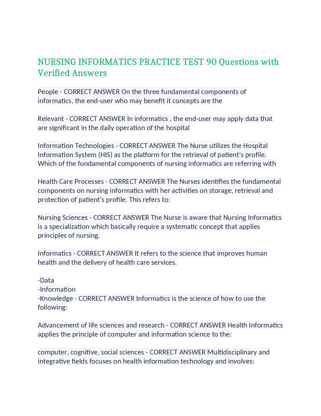 NURSING INFORMATICS PRACTICE TEST 90 Questions with Verified Answers ...