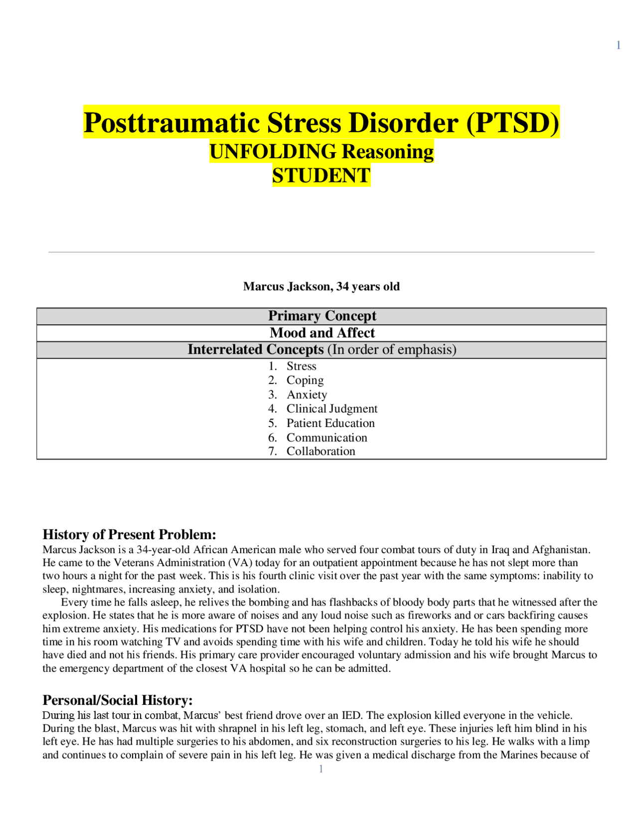 Nursing Assessment of a PTSD Patient: Marcus Jackson's Case | Exams ...