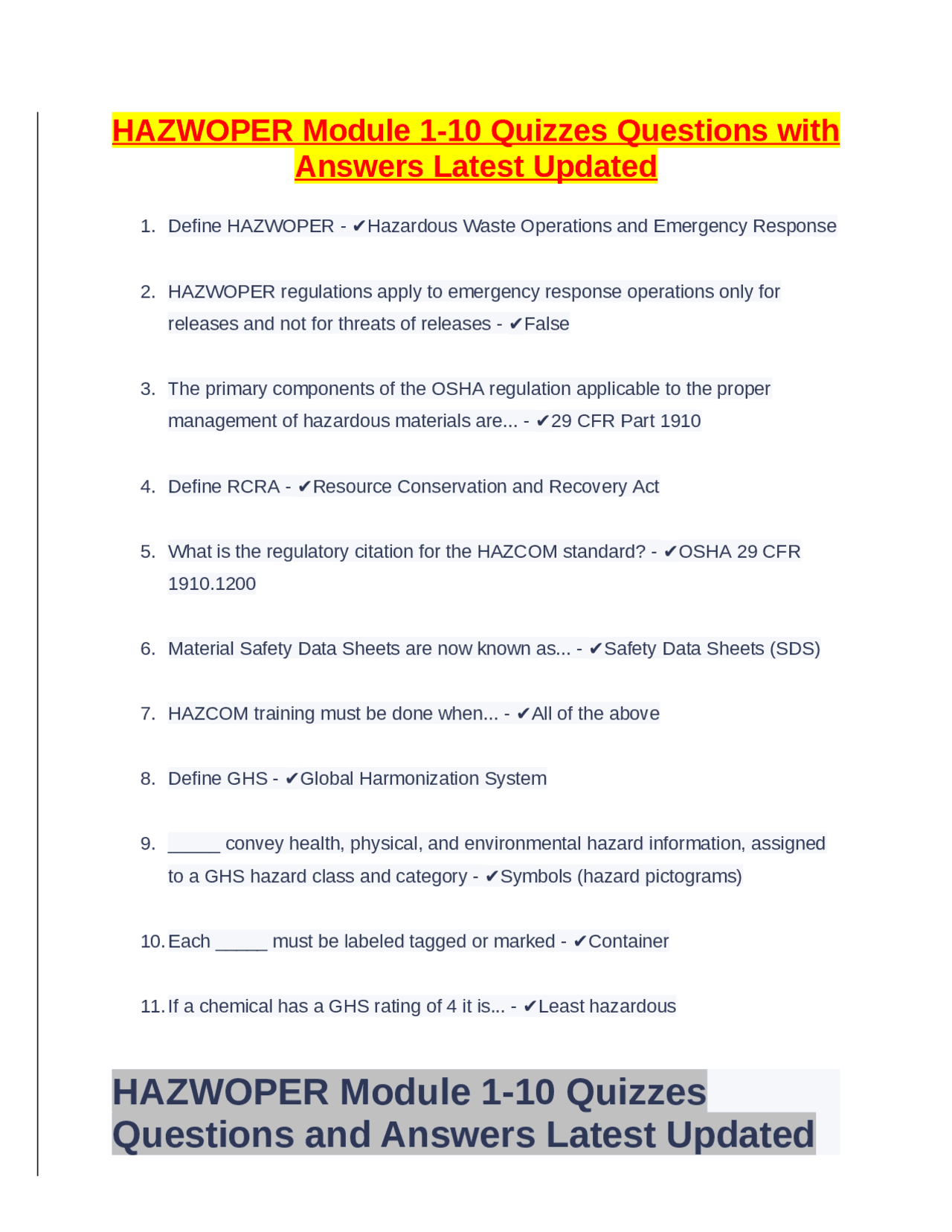 HAZWOPER Quiz Questions and Answers | Exams Nursing | Docsity