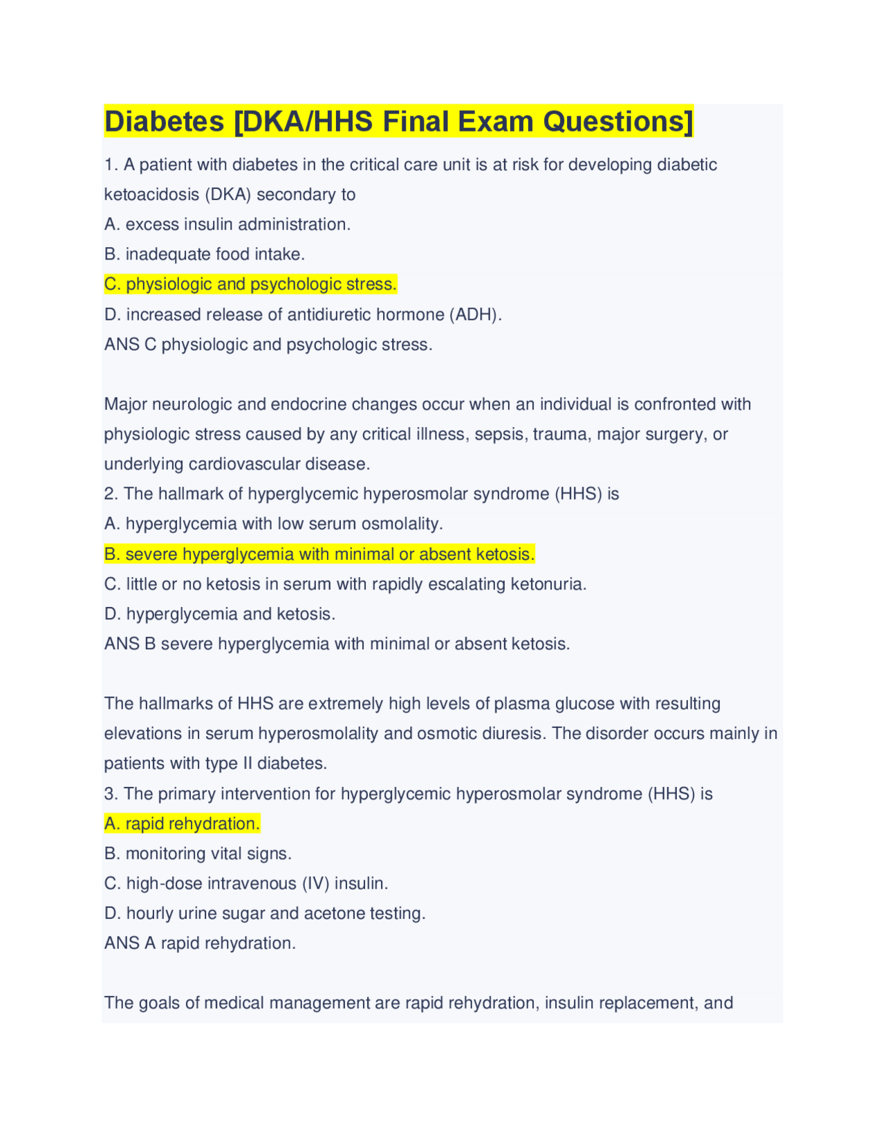 Diabetes [DKA/HHS Final Exam Questions] | Exams Nursing | Docsity