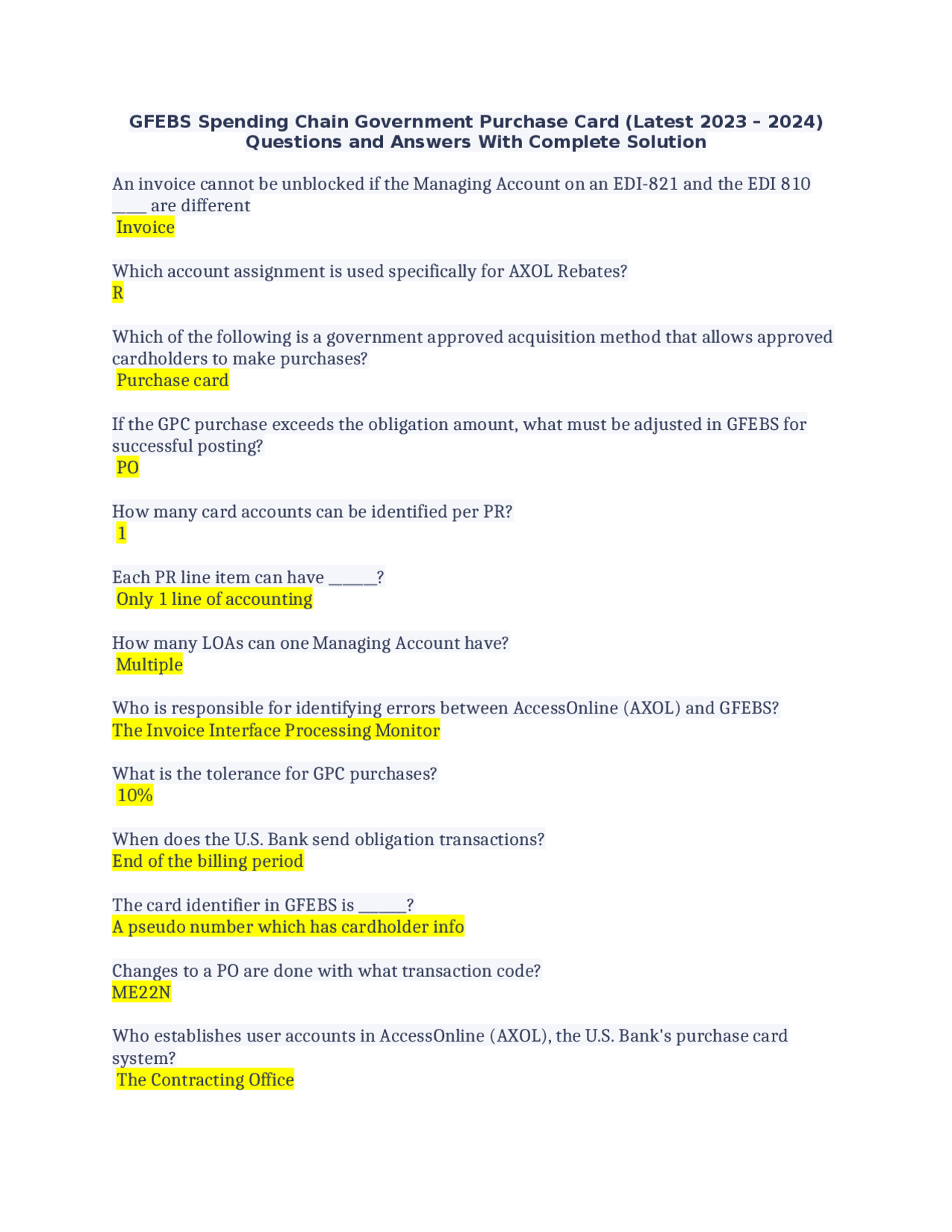 Gfebs Spending Chain Government Purchase Card Latest 2023 2024 Questions And Answers W